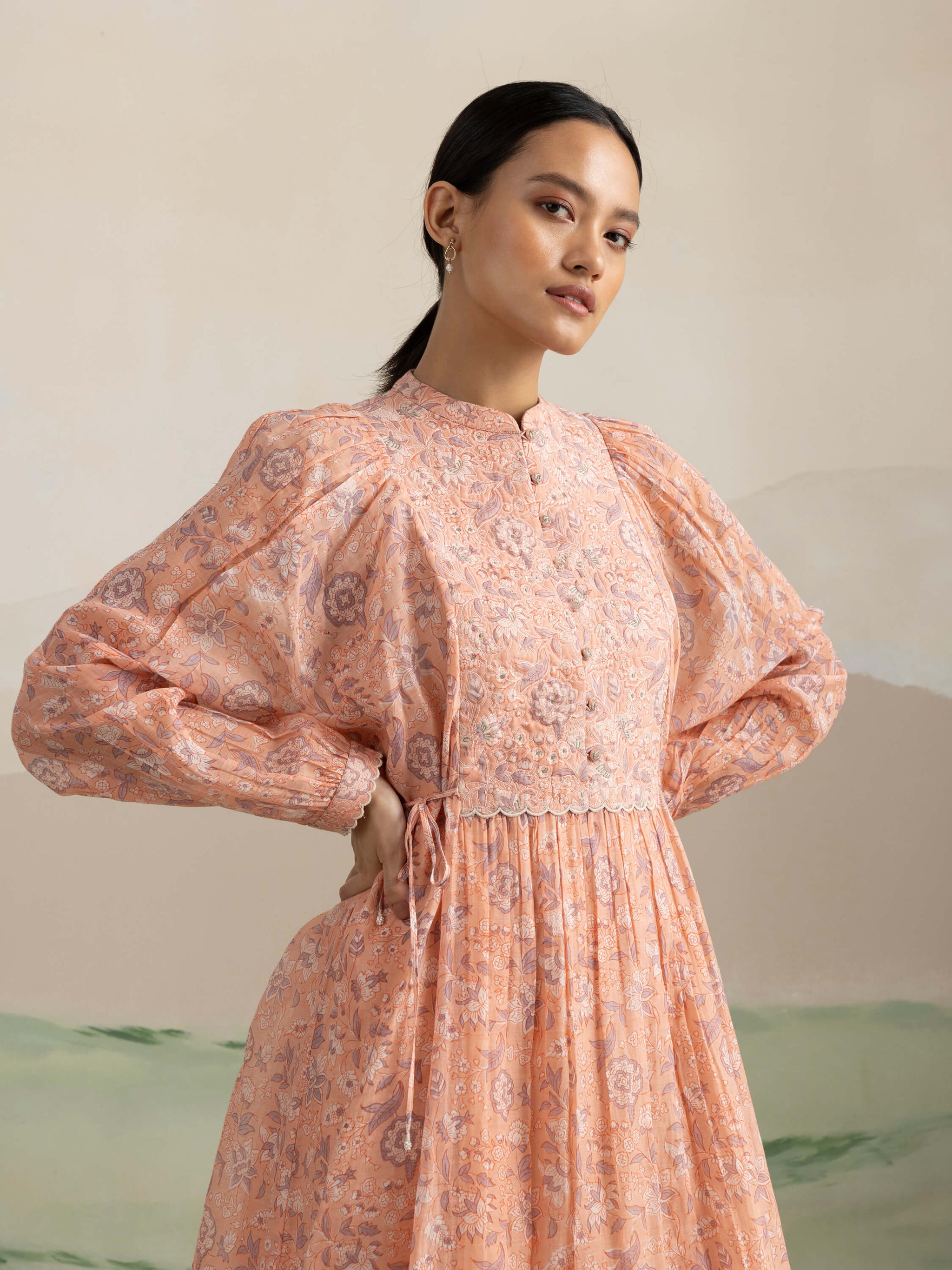 Juliet Peach Midi Dress: Shop Stunning Hand-Printed Style