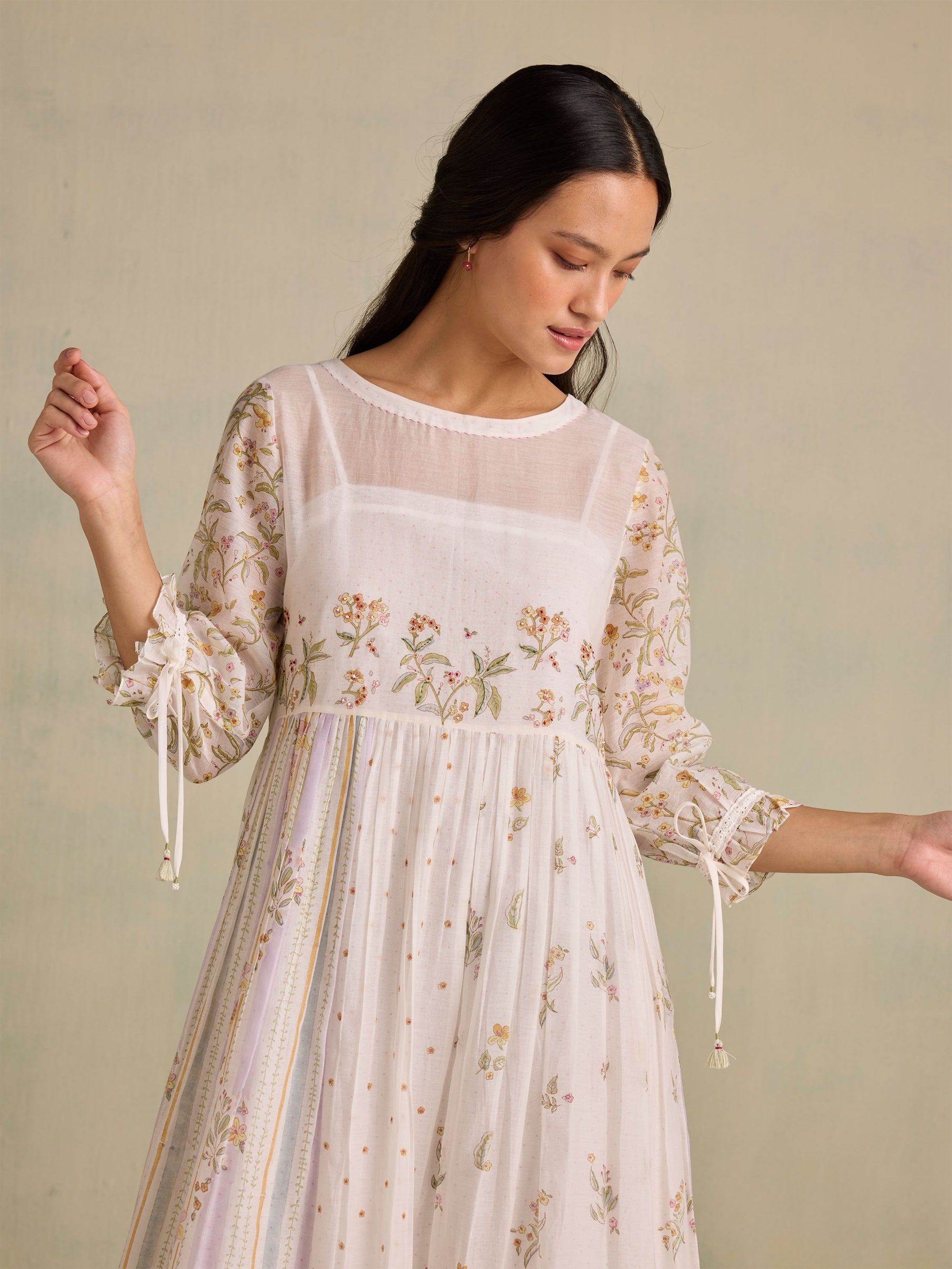 Ferns & Fables Dress | Hand Block Printed | Floral Appliqués