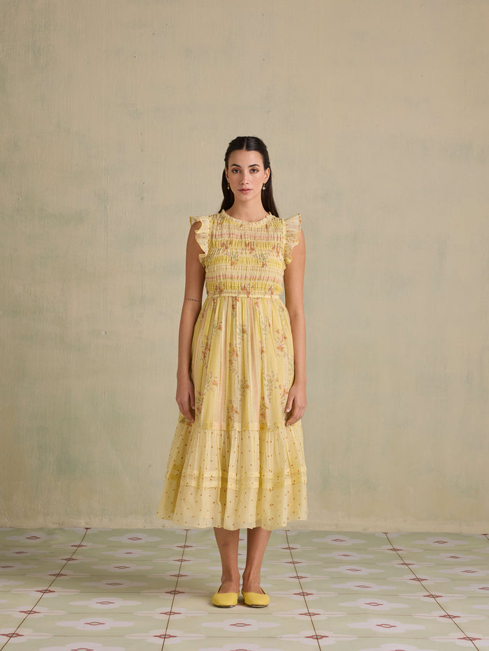 Pretty Please Flutter Dress | Yellow Vibrant Chintz Print | Buna Studio