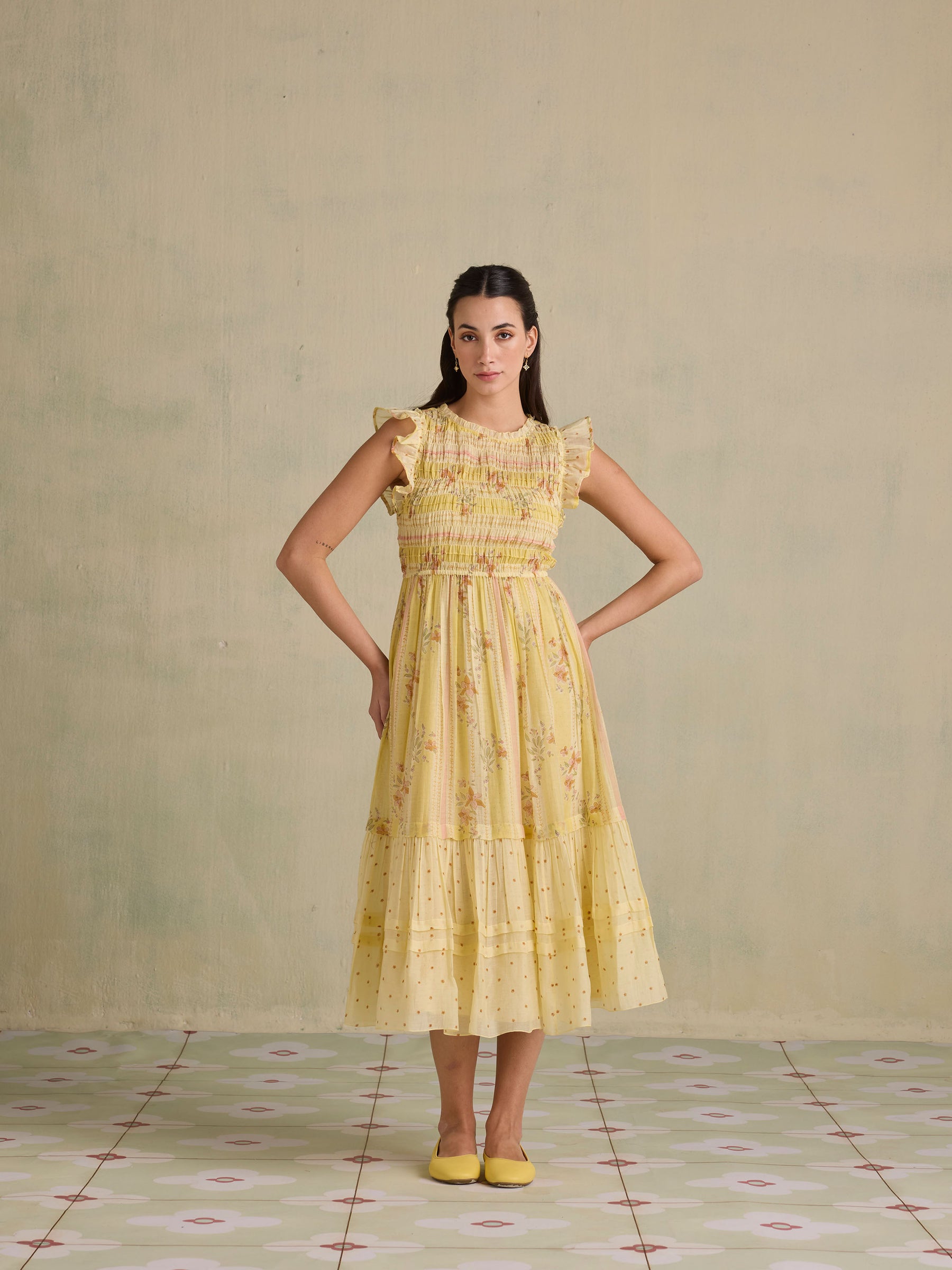 Pretty Please Flutter Dress | Yellow Vibrant Chintz Print | Buna Studio