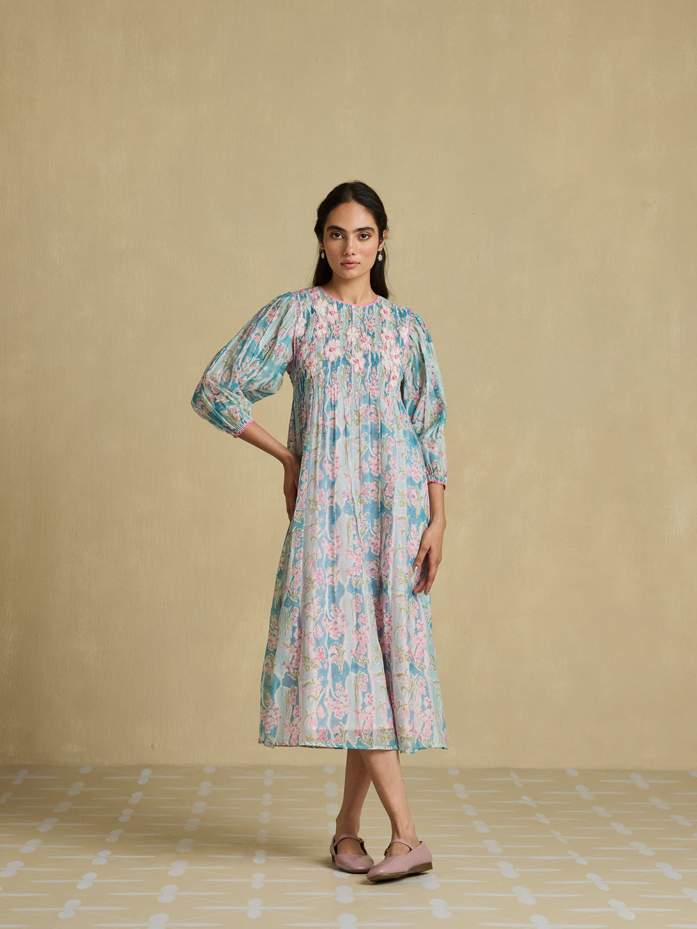 Sweetly Embroidered Smock Dress | Hand Block Printed Chanderi Cotton Silk