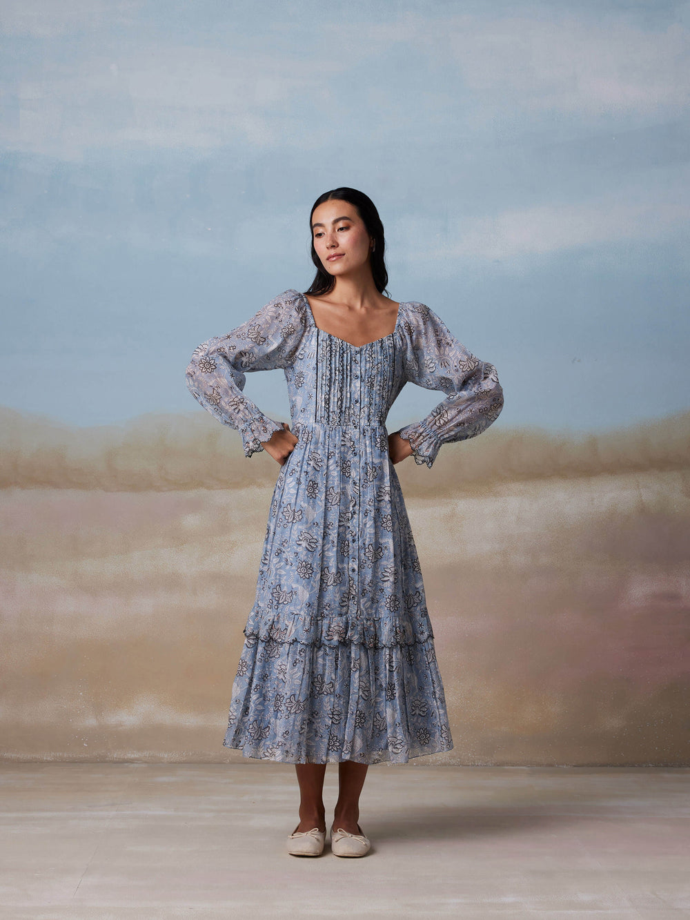Blue Bird Peasant Midi Dress: Shop Elegant Floral Dresses