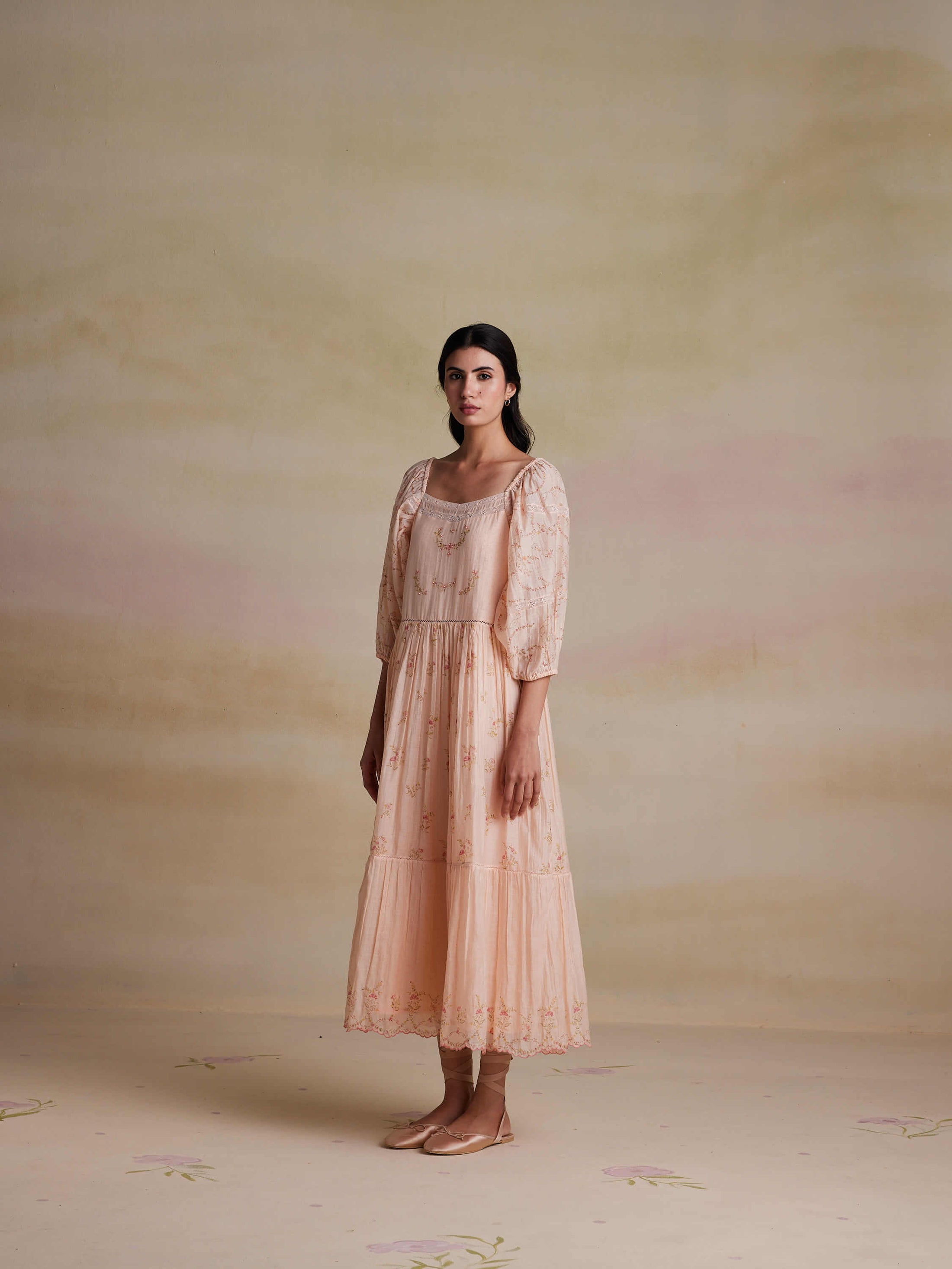 Chasing Sunsets Romantic Peasant Dress with Floral Prints