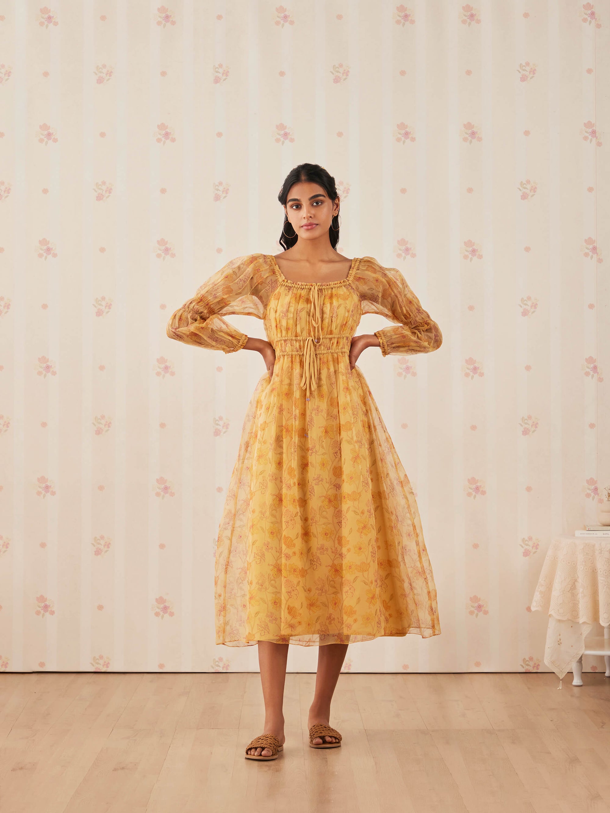 Saffron Shirred Organza Midi Dress: Shop Bohemian Chic