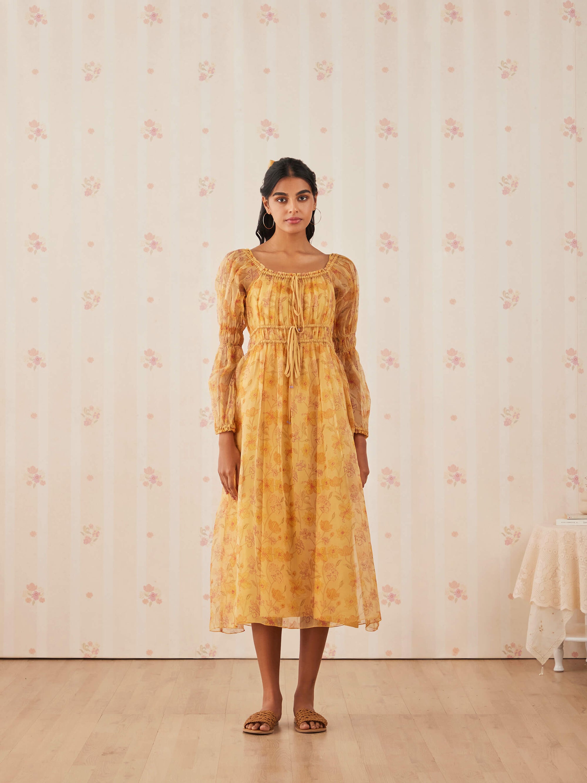 Saffron Shirred Organza Midi Dress: Shop Bohemian Chic