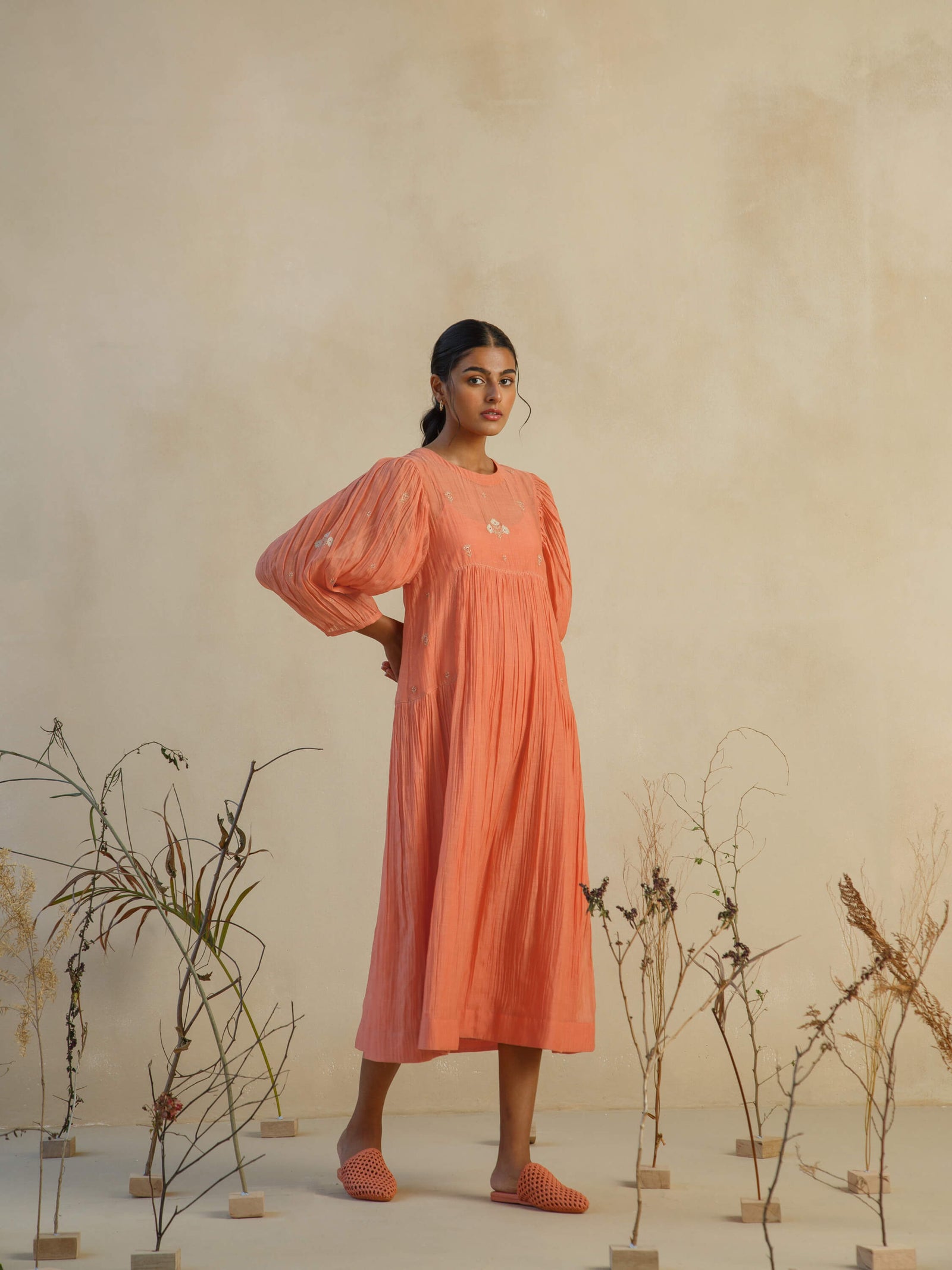 Copper Gold Midi Dress: Stunning Embroidered Summer Dress