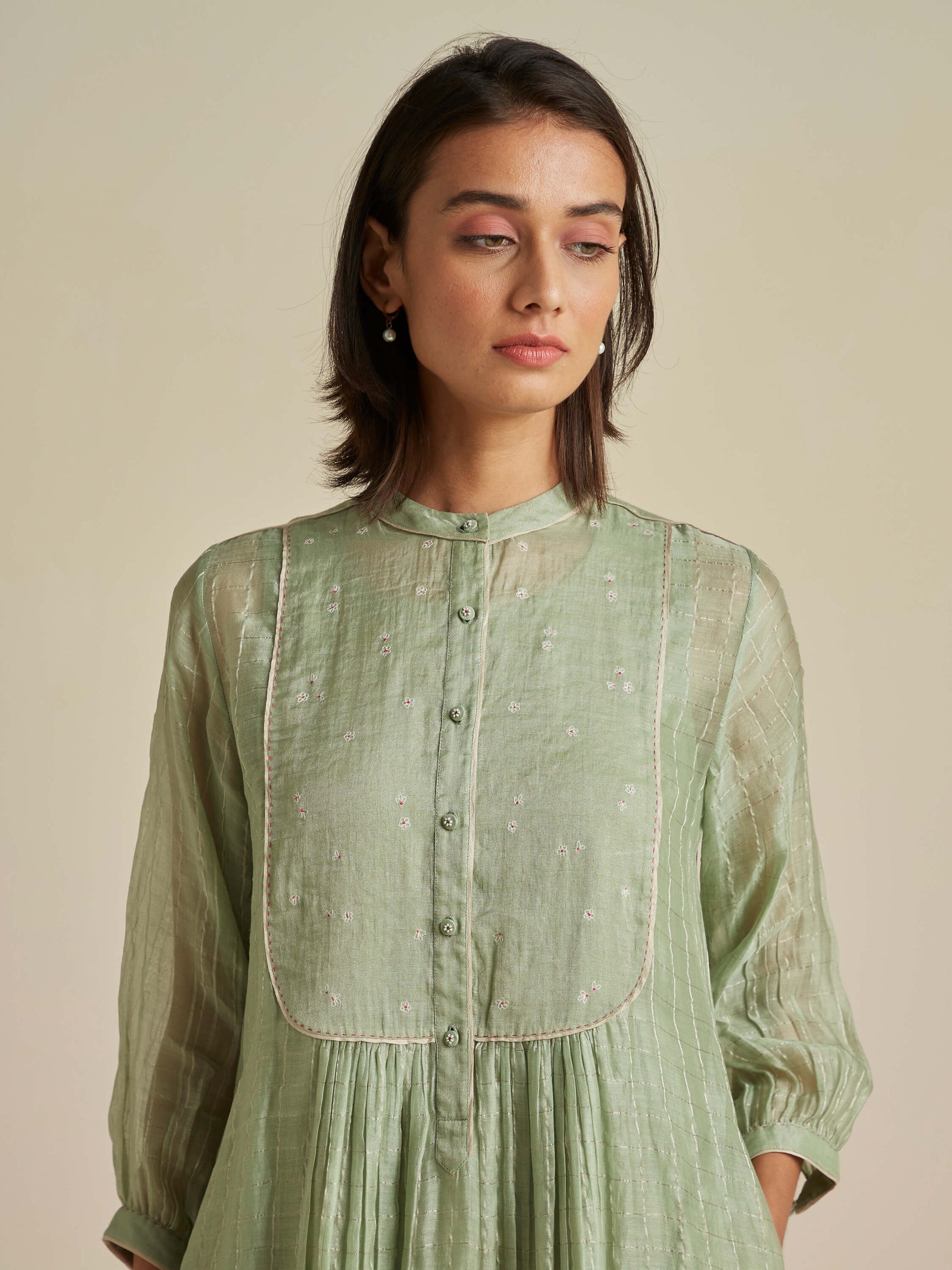 Seafoam Mandarin Collar Dress: Elegant Zari Tissue Dress