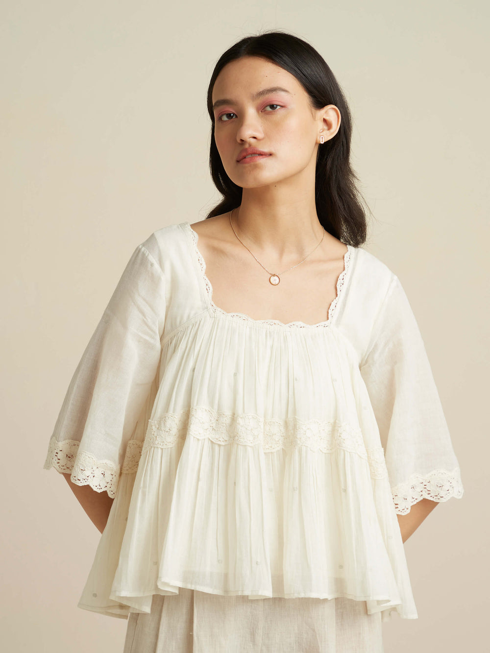 Swirling High Low Blouse: Shop Elegant Lace Detail Tops